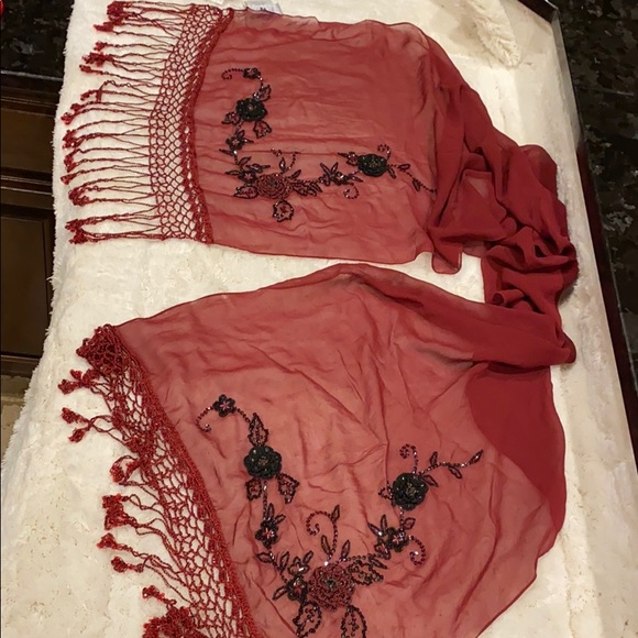 Sue Wong | Accessories | Silk Maroon Scarf With Beautiful Bead Detail ...